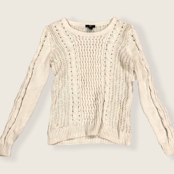H&M | Sweaters | Hm Cream Braided Knit Pattern Thick Cozy Knit Round ...